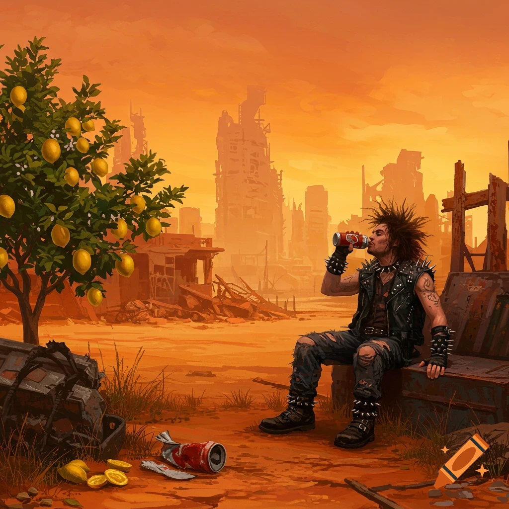 Heavy metal dystopian summer scene with lemons and beer on Craiyon