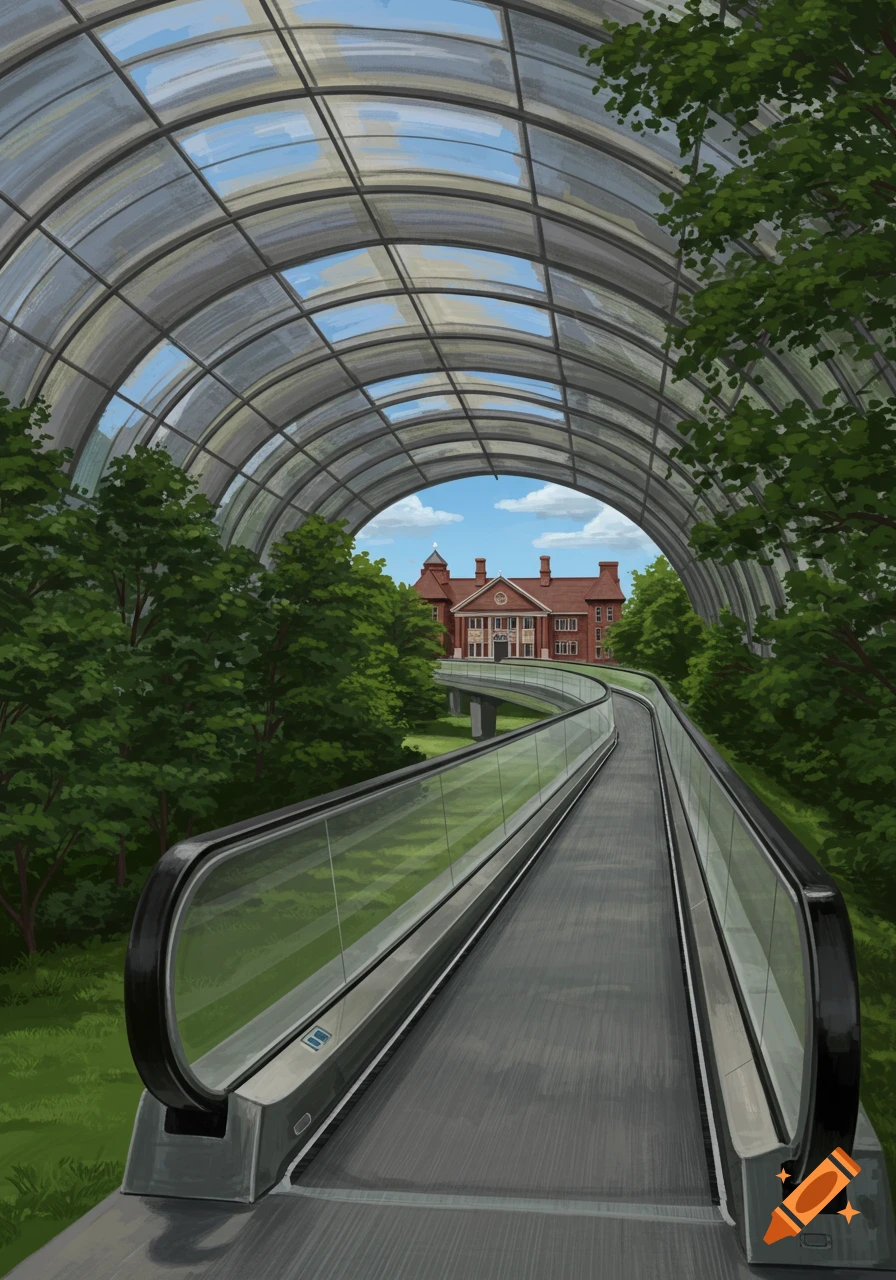 A long, covered escalator or moving walkway extends through a green ...