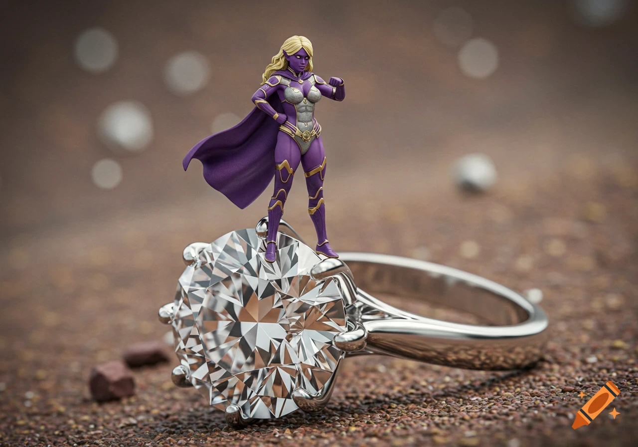 Miniature purple-skinned female superhero figure standing on a large ...