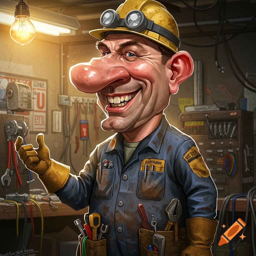 Caricature of a smiling maintenance man in a workshop. on Craiyon