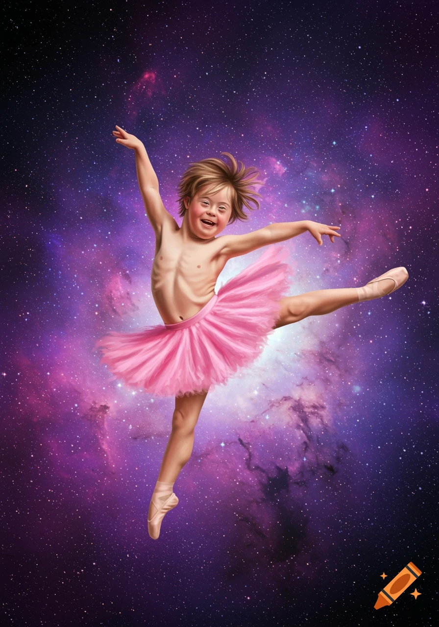 Young person in pink tutu leaping in space with nebula background on ...