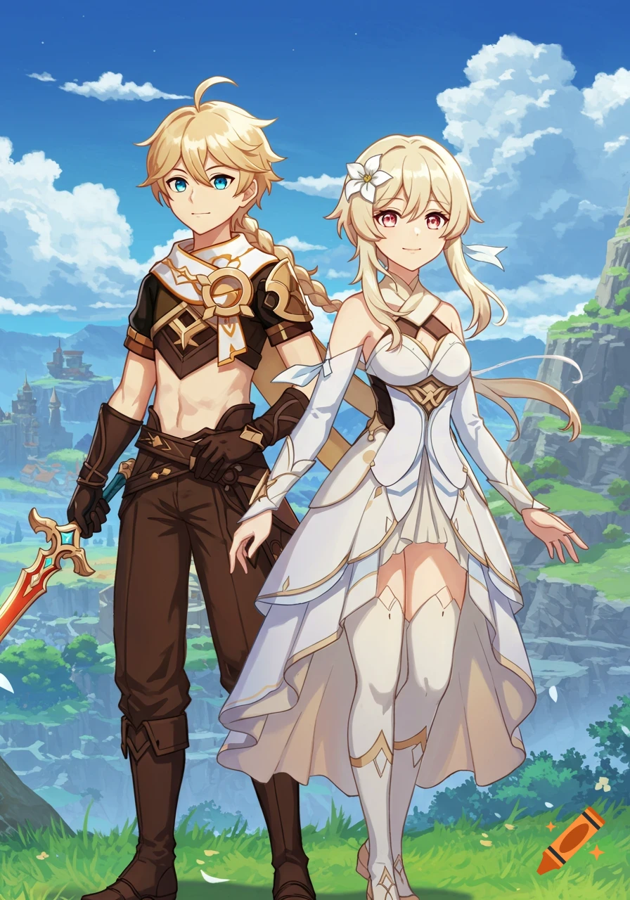 Aether and Lumine from Genshin Impact stand together in a vibrant ...