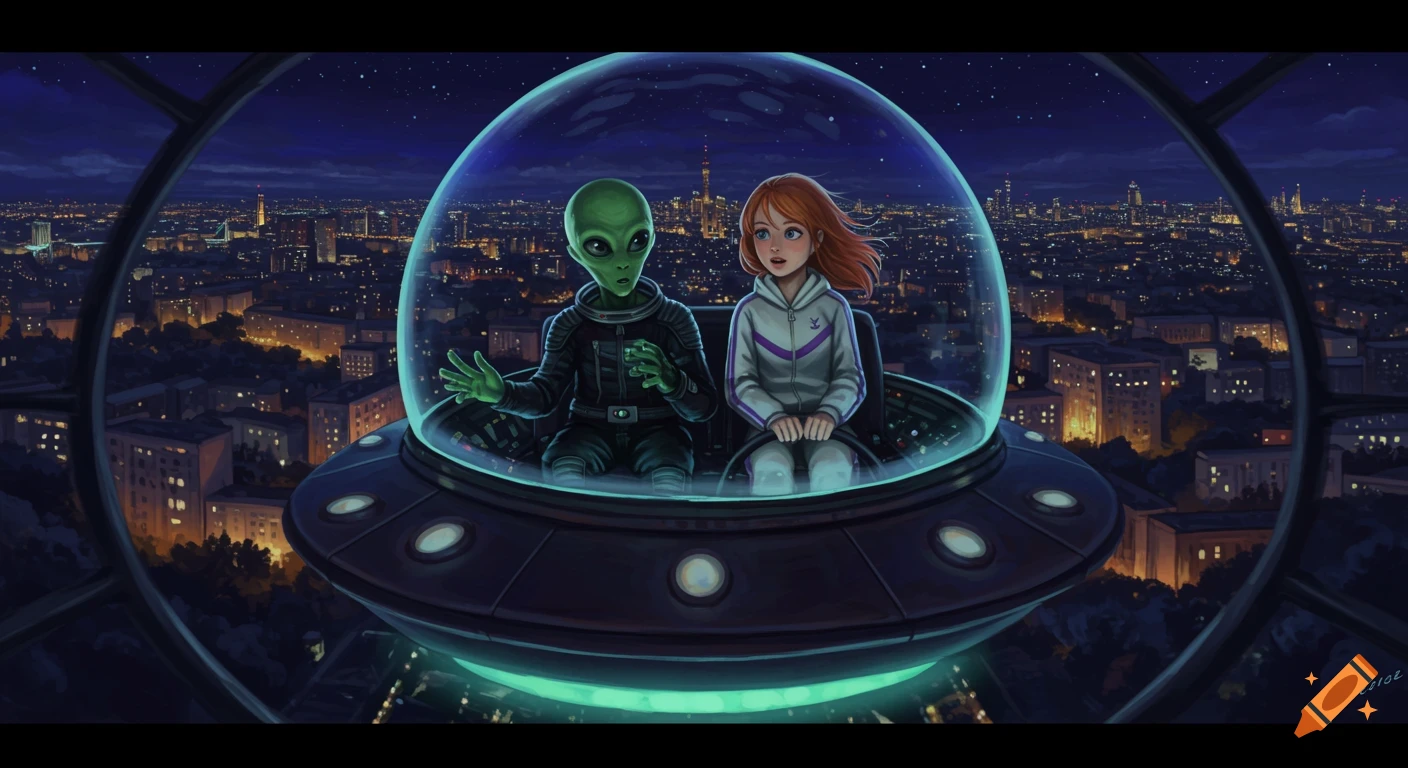 Green alien and red-haired girl in a spaceship cockpit looking down at ...