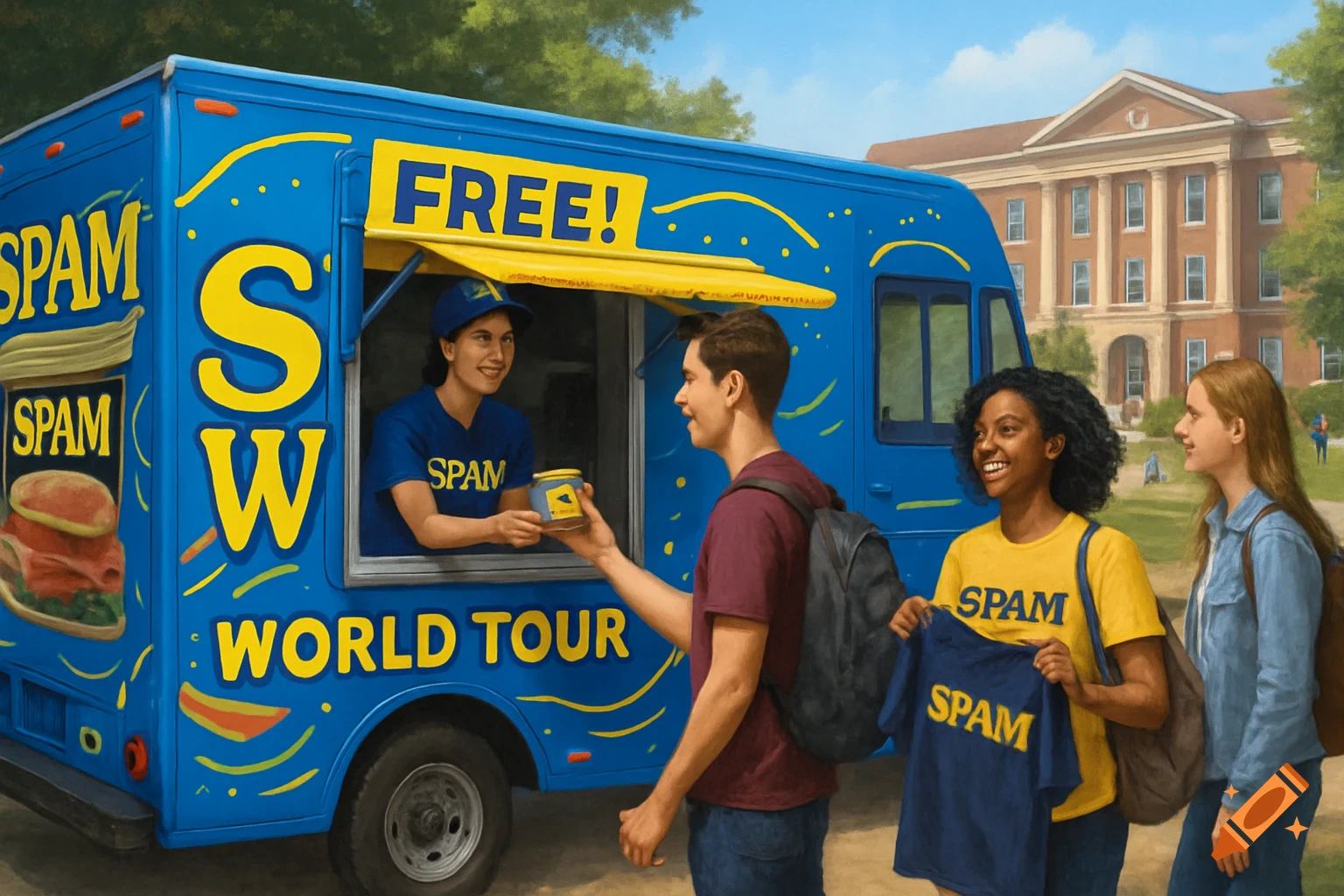 SPAM World Tour food truck on a college campus giving away free products and merch on Craiyon