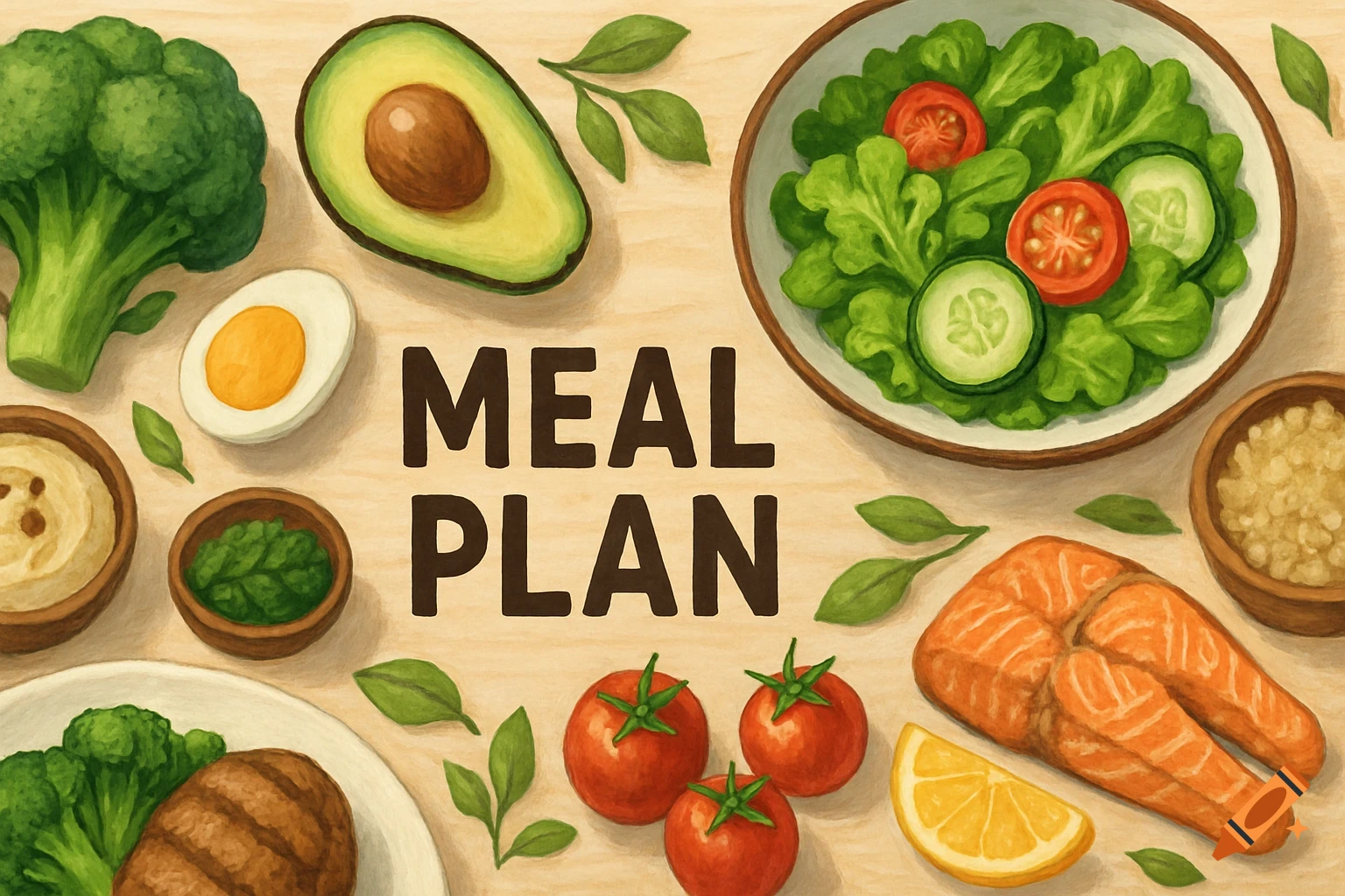 Illustrative meal plan layout with healthy food on a wood background ...