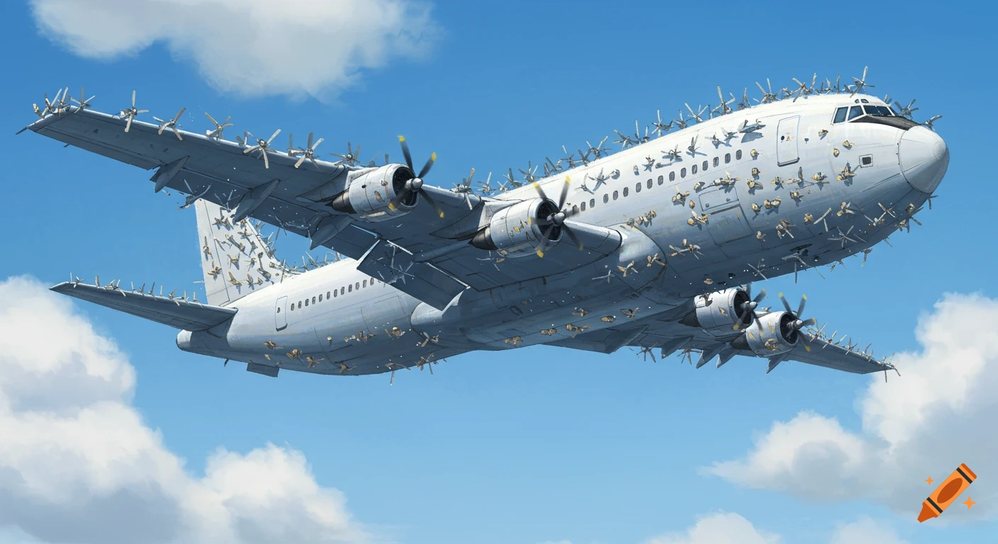 An airplane covered in hundreds of small spinning propellers flying ...