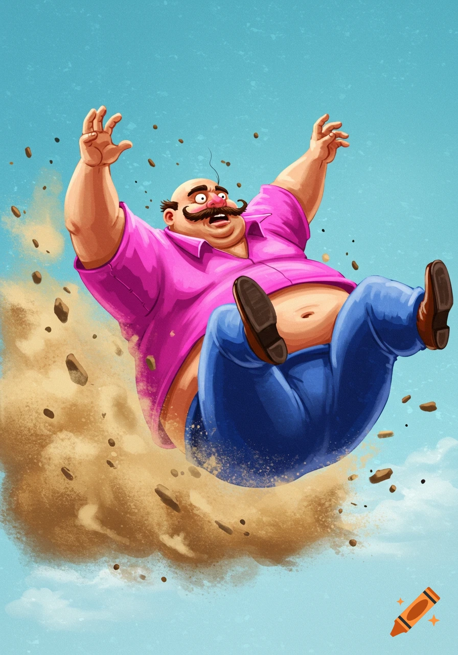 A cartoon illustration of an overweight man falling backward surrounded ...