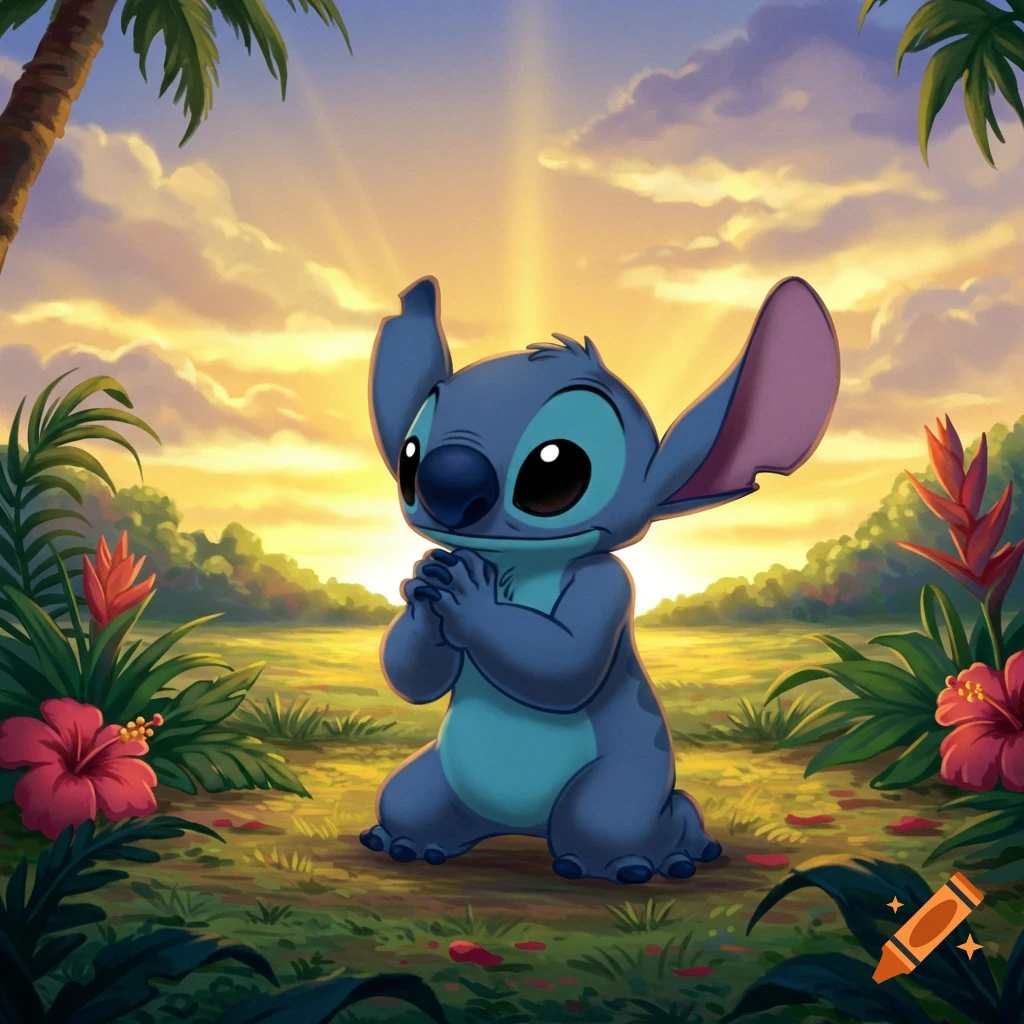 A blue cartoon character resembling Stitch kneels in a tropical ...