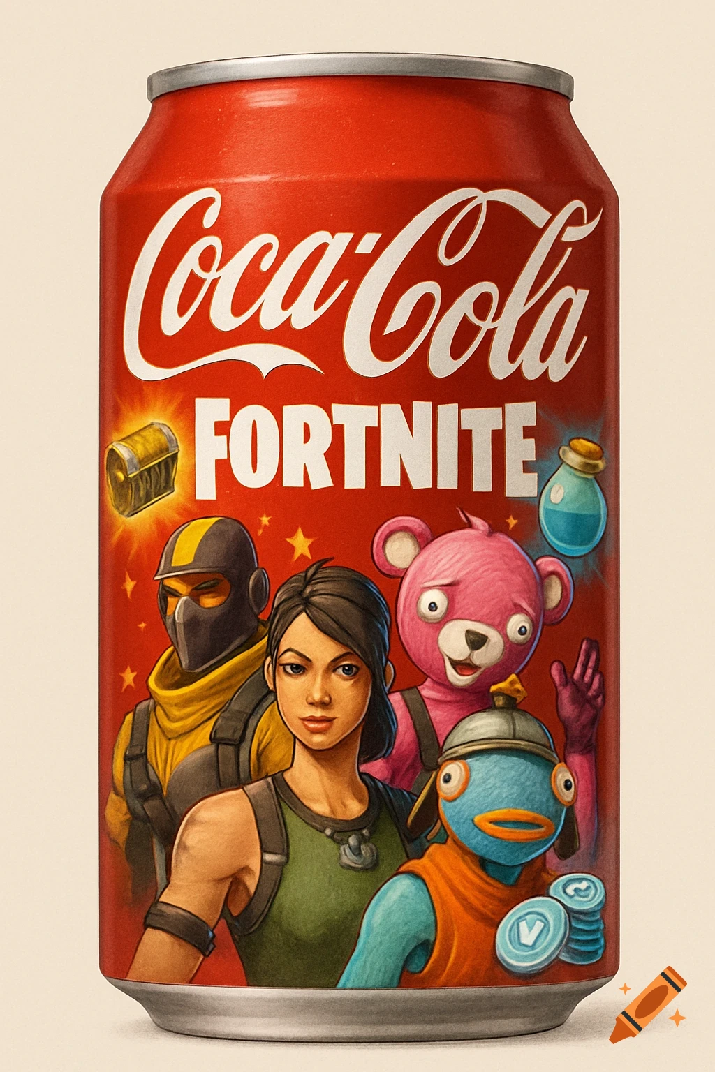 Illustration of a Coca-Cola can with Fortnite characters and game items ...