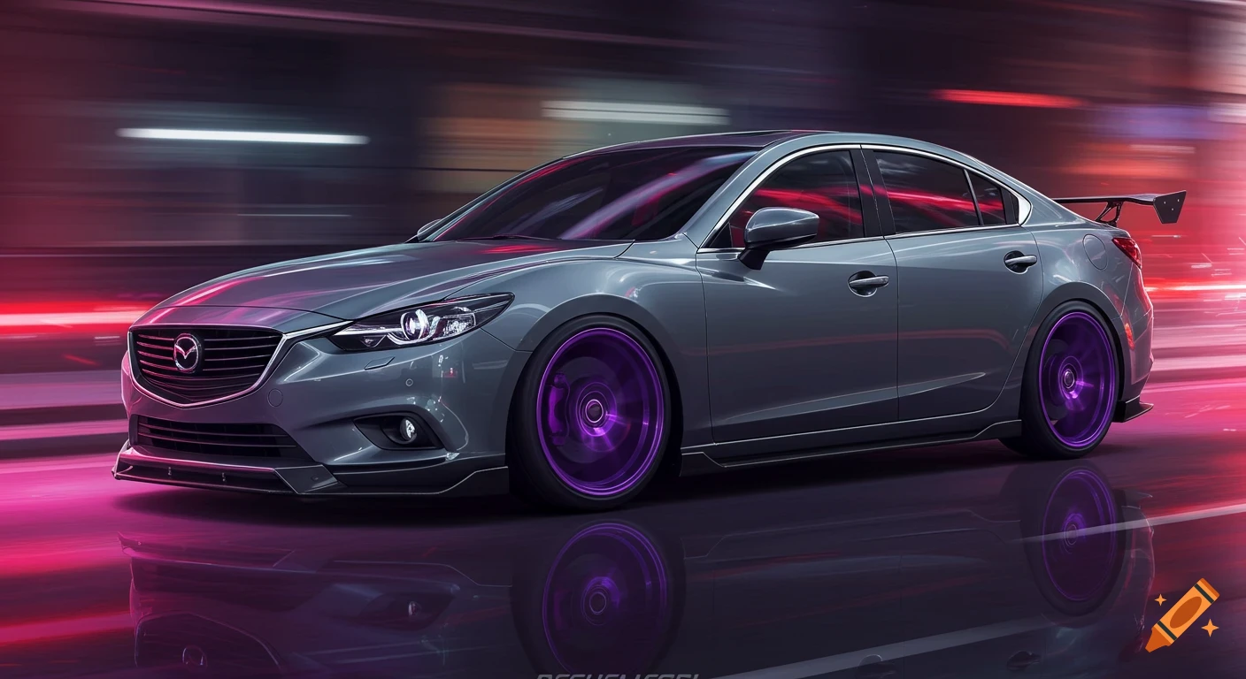 Grey Mazda 6 with purple rims driving at night with neon lights on Craiyon