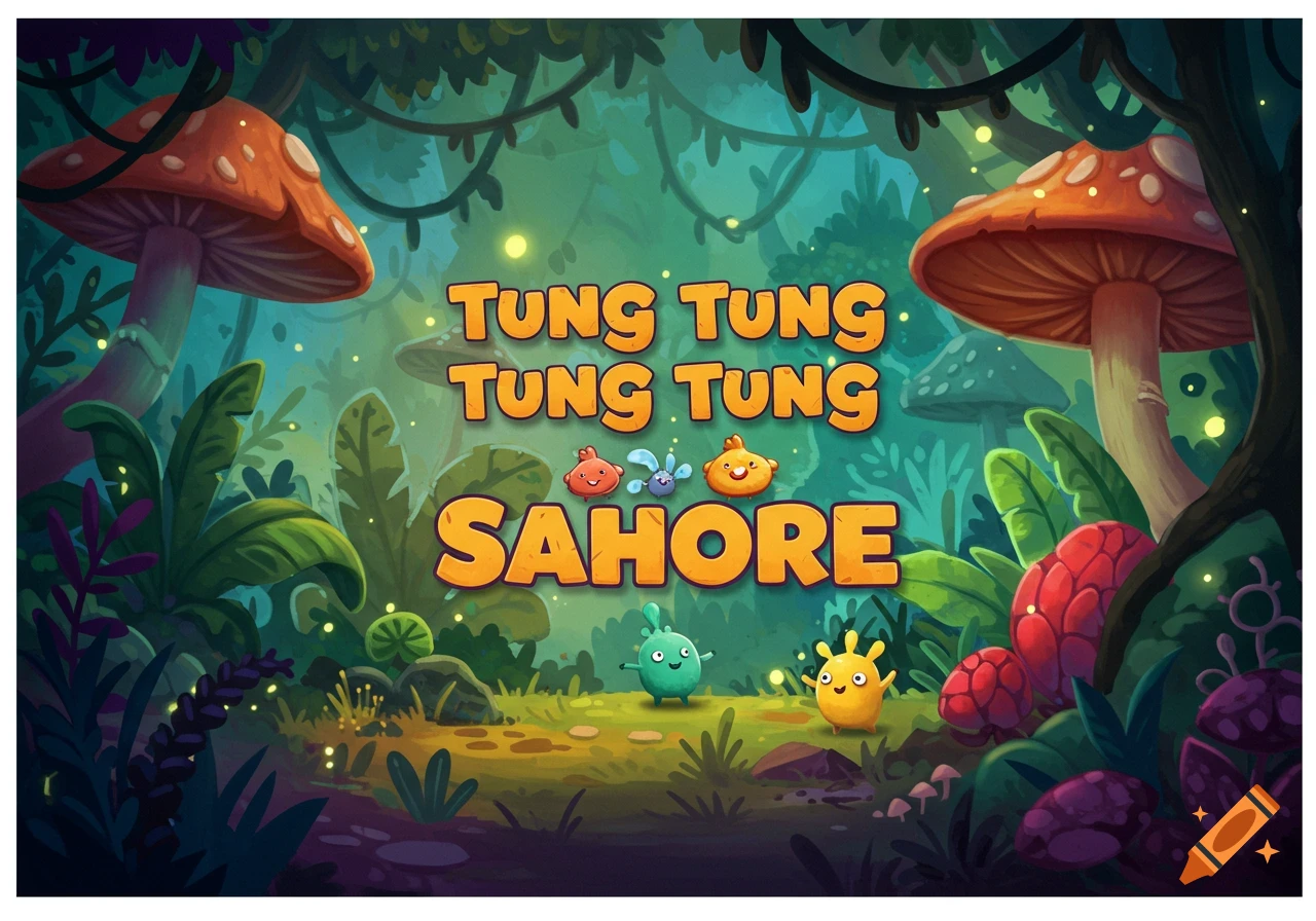 Cartoon forest scene with large mushrooms, glowing fireflies, and small ...