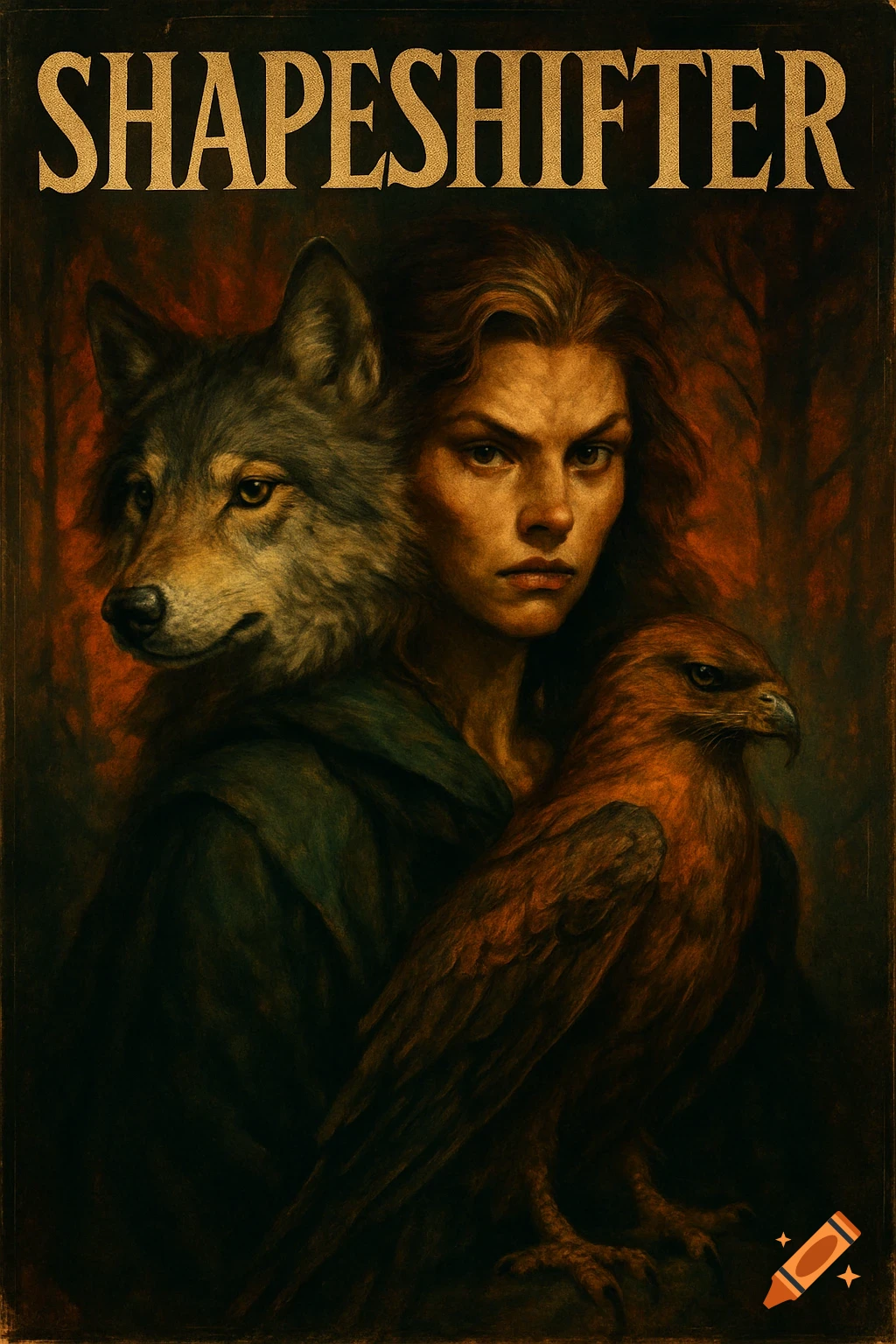 Cover art of a woman with a wolf and an eagle, titled SHAPESHIFTER. on Craiyon