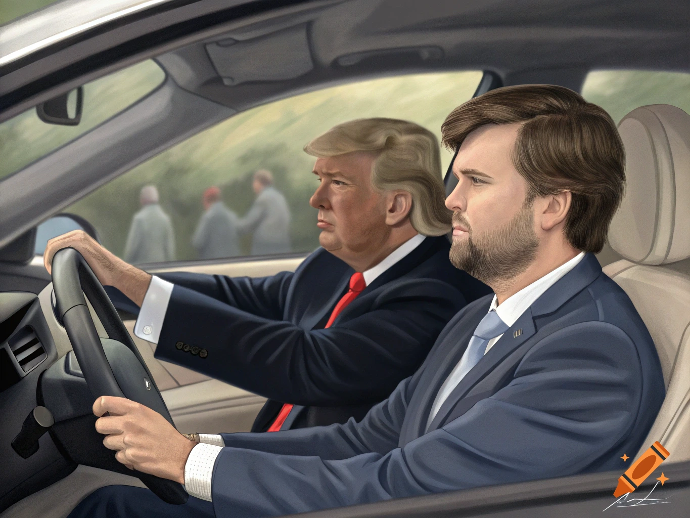 Donald Trump driving in a Monte Carlo with JD Vance on Craiyon