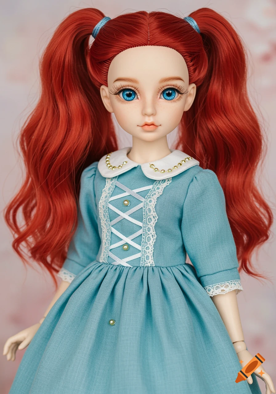 Close-up photo of a doll with red ponytails and blue eyes wearing a ...