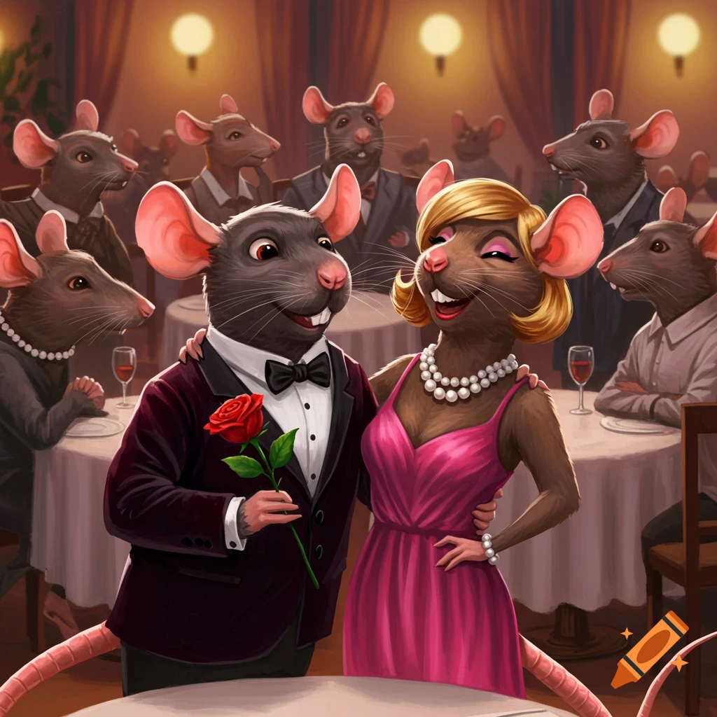 Digital painting of two anthropomorphic rats on a date in a restaurant ...