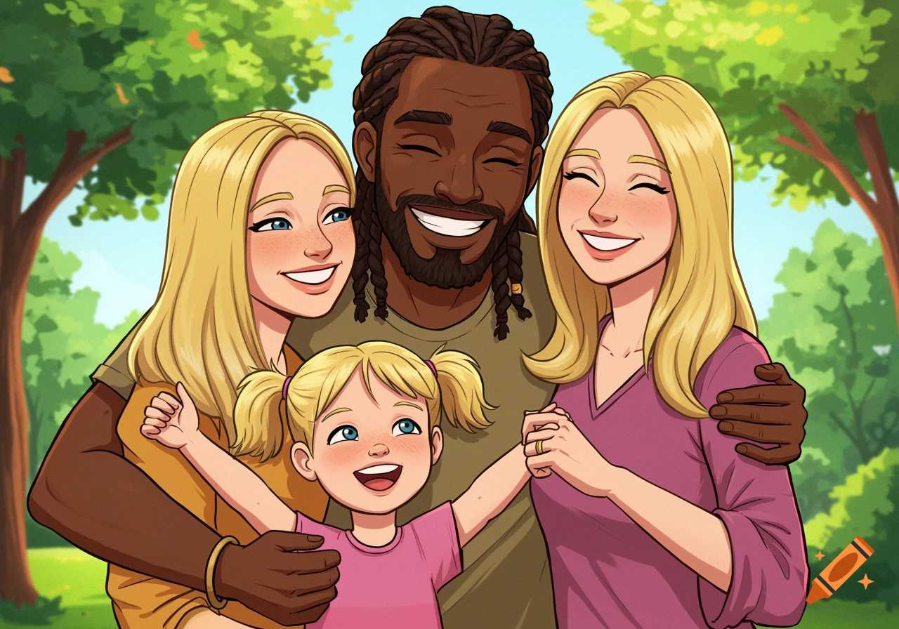 Cartoon portrait of a multiracial family with a child outdoors. on Craiyon