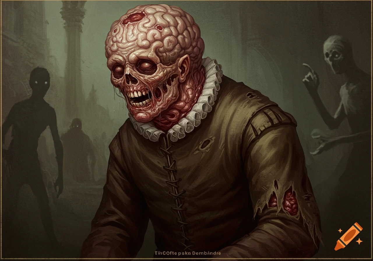 A detailed illustration of a rotting zombie with exposed brain, wearing ...