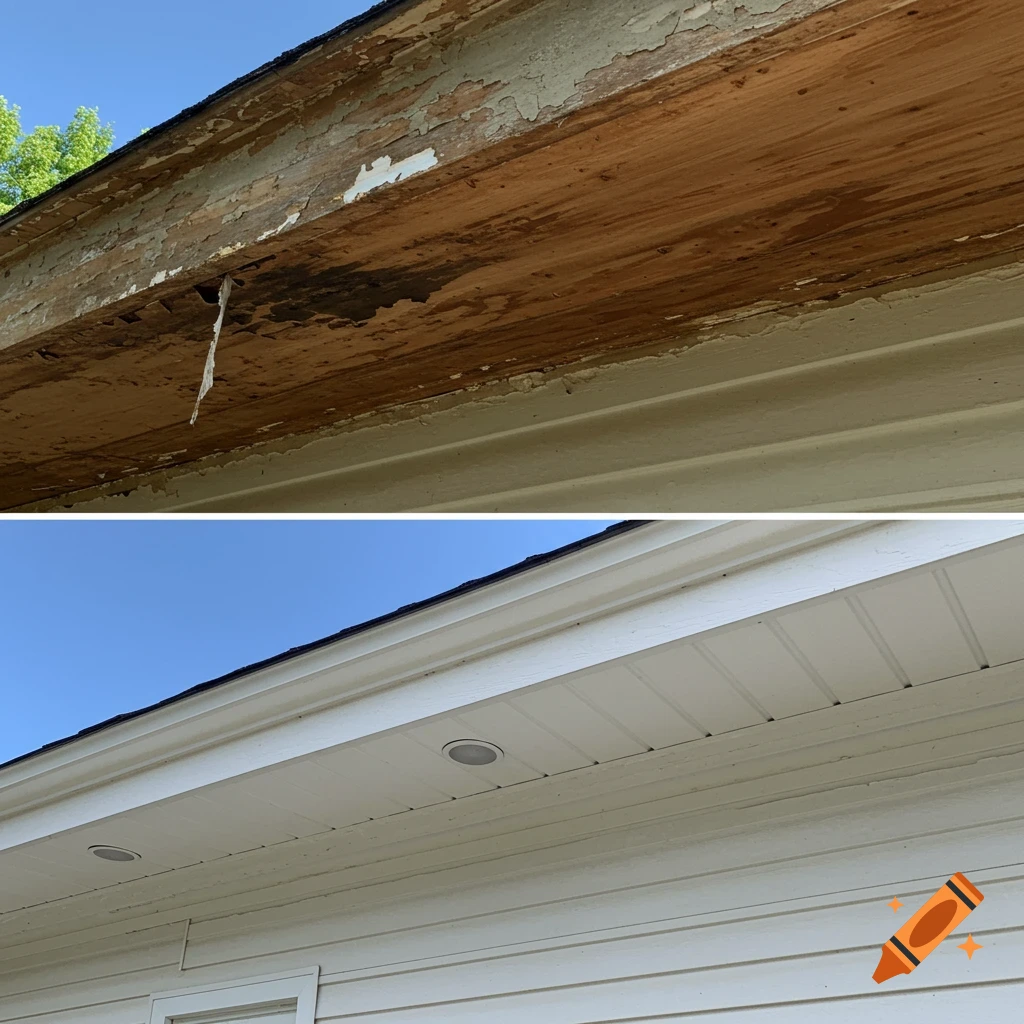 Before and after split image of a damaged wooden soffit and a repaired ...