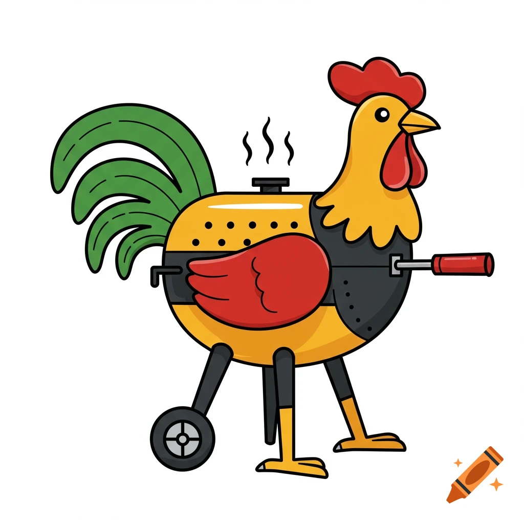Cartoon illustration of a barbecue grill shaped like a yellow rooster ...