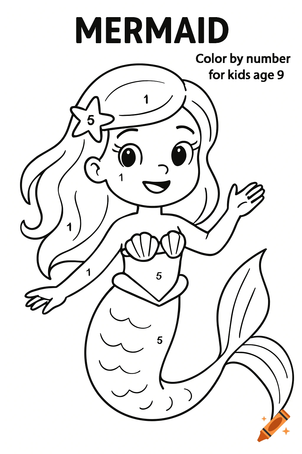 Black and white coloring page of a mermaid with numbers indicating ...