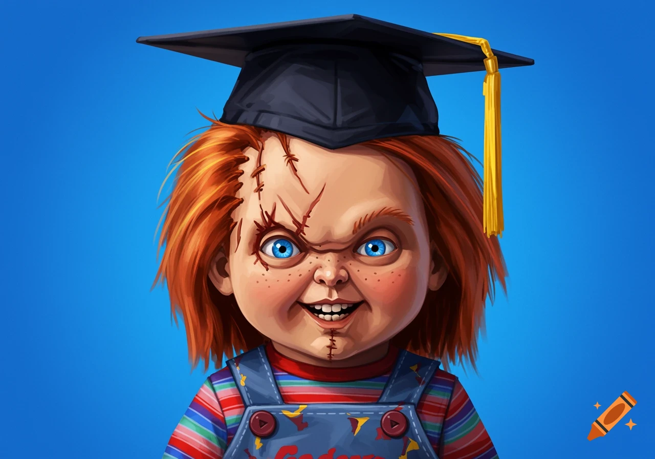 Stylized illustration of a girl holding a Chucky-like doll. on Craiyon