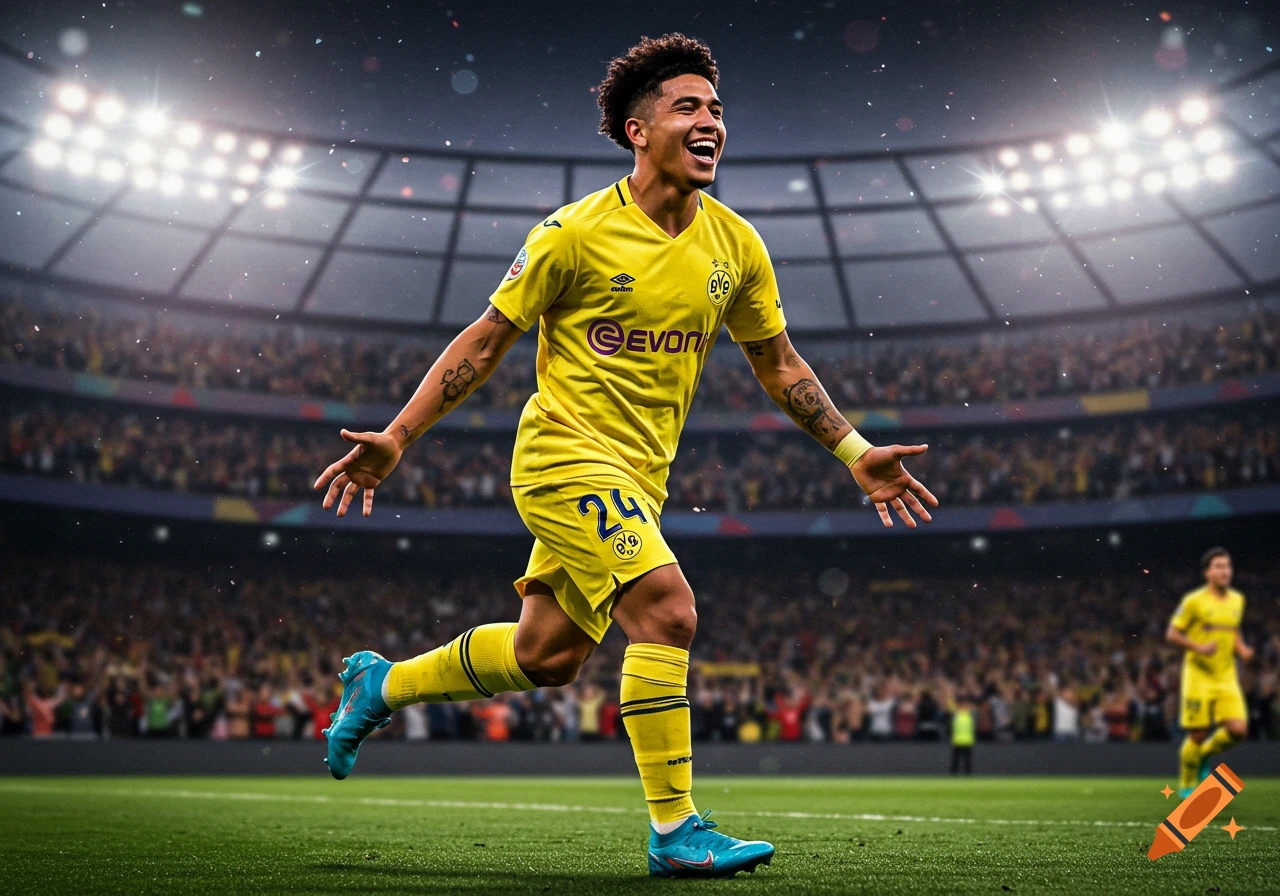 Happy soccer player in a yellow uniform celebrating on a field in a ...