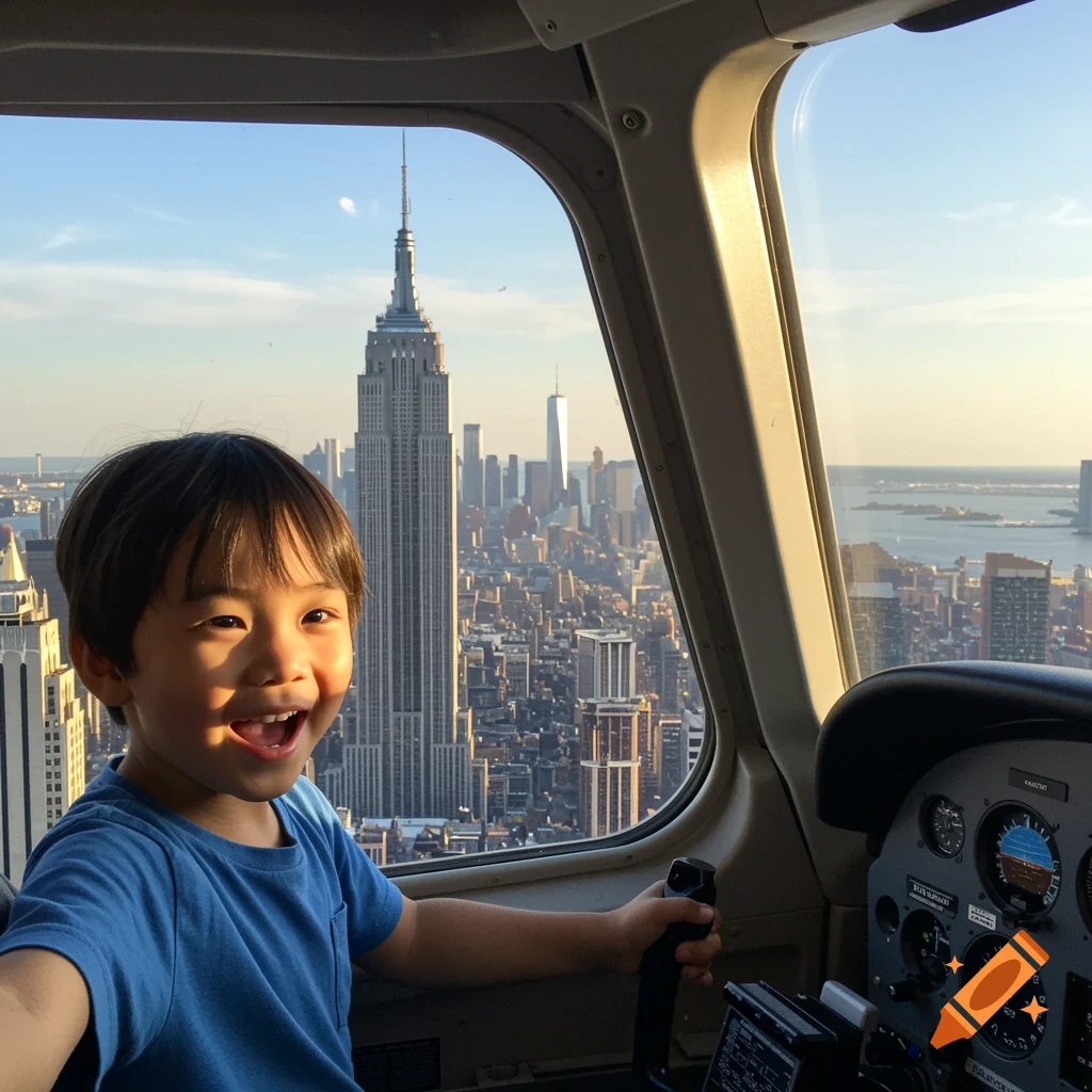 Asian boy taking a selfie flying a plane next to the Empire State ...
