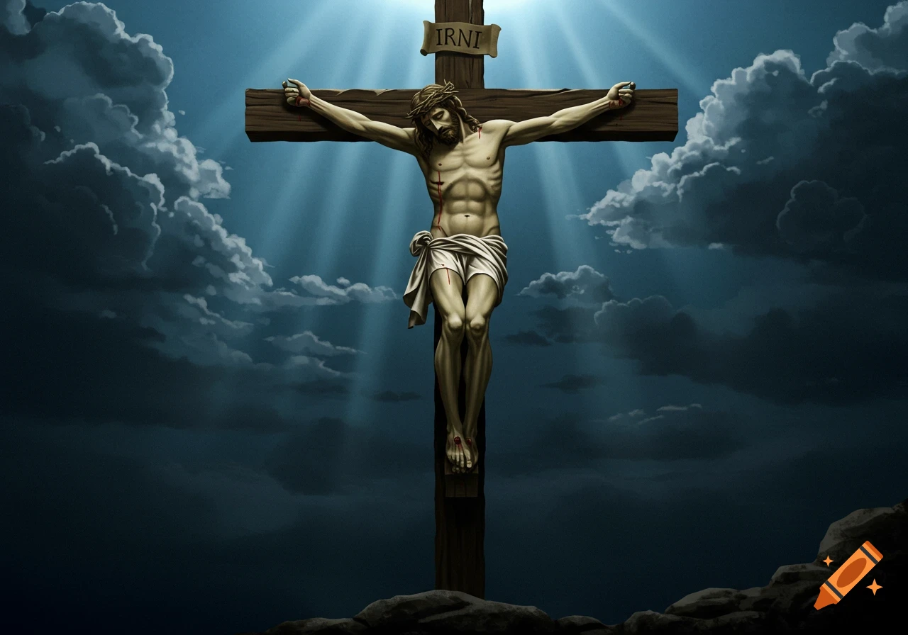 Jesus Christ Is Crucified on a Cross Under Dramatic Clouds With Sun Rays. created on Craiyon