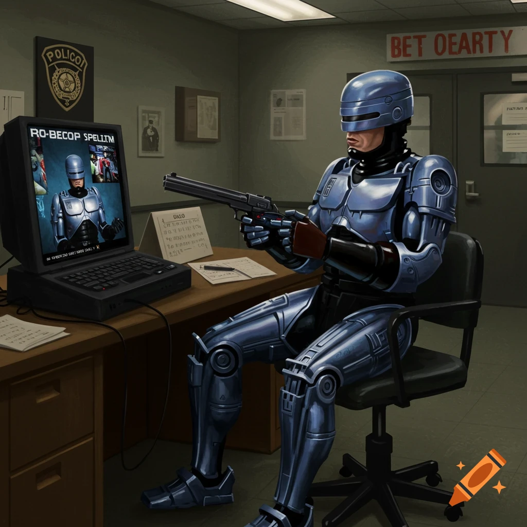 Robocop playing Robocop videogame in 1980s police station on Craiyon