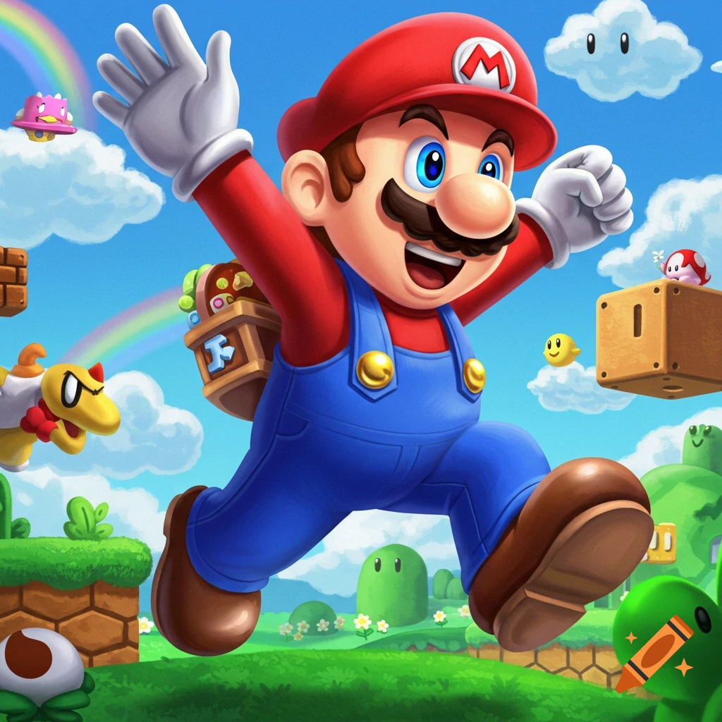 Mario jumping in a colorful video game world. on Craiyon