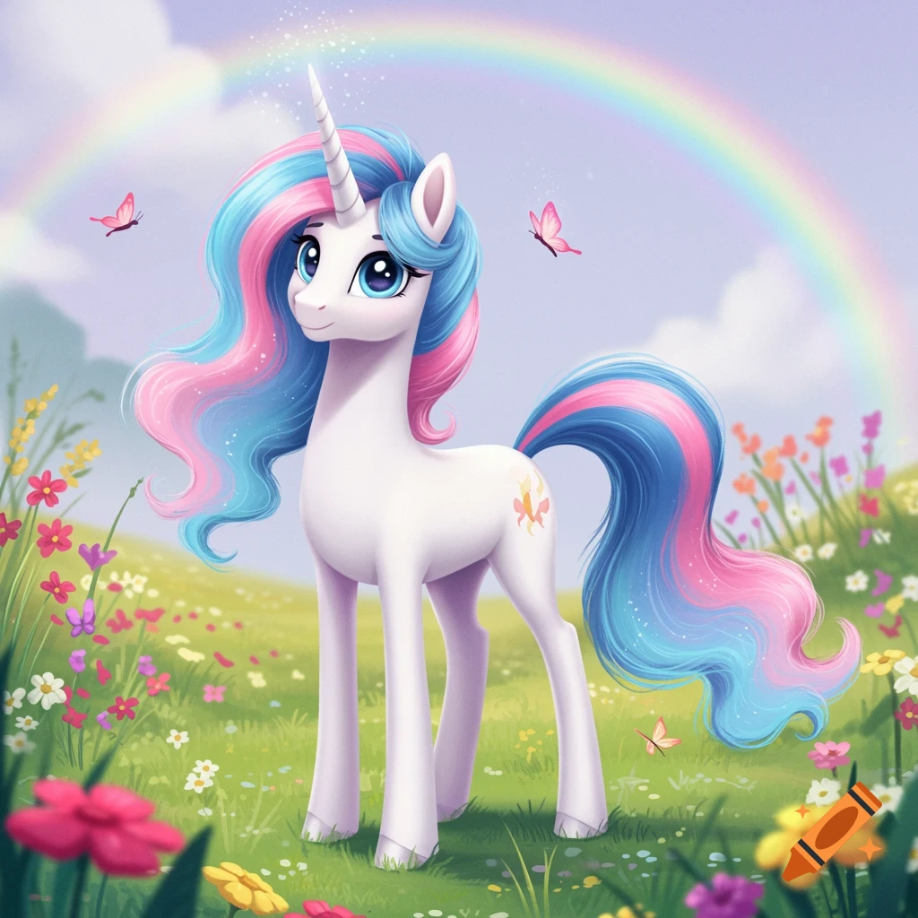 Cute cartoon unicorn with rainbow mane and tail against a pink sky with clouds. on Craiyon