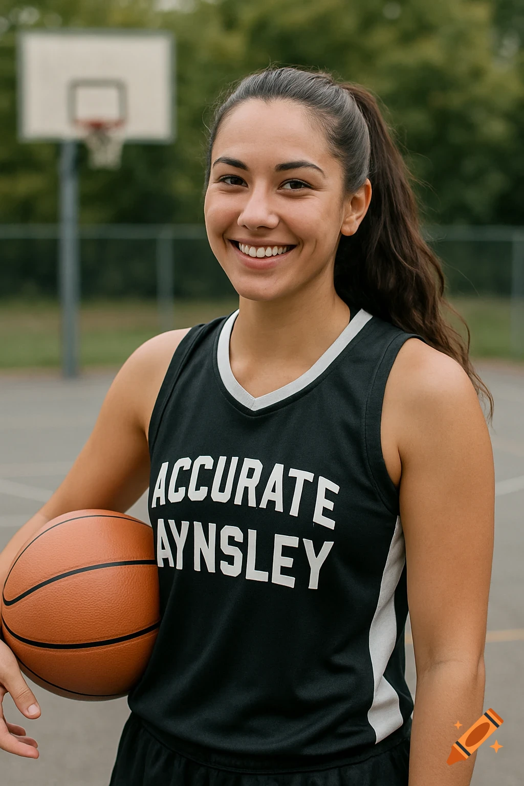 A young woman in a black basketball jersey holds a ball and smiles on ...