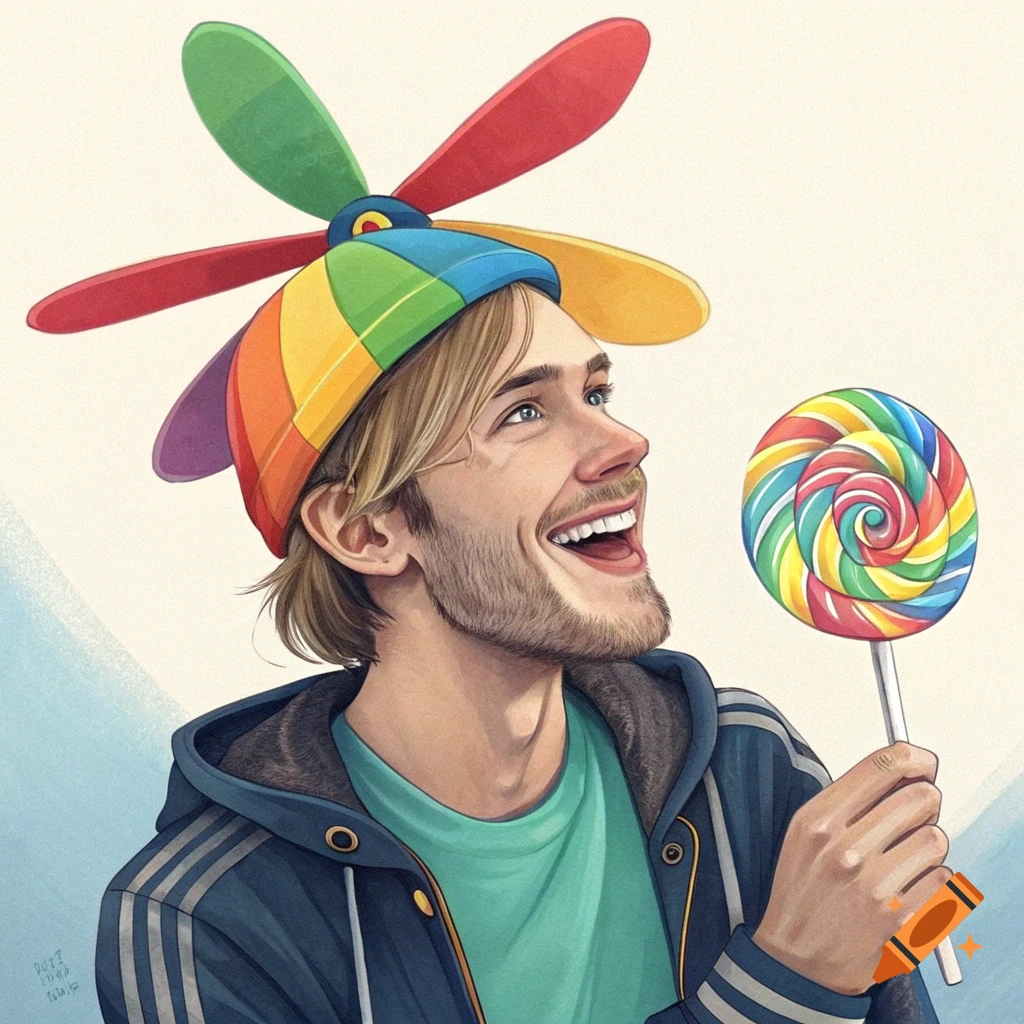 PewDiePie with rainbow propeller hat and lollipop on Craiyon