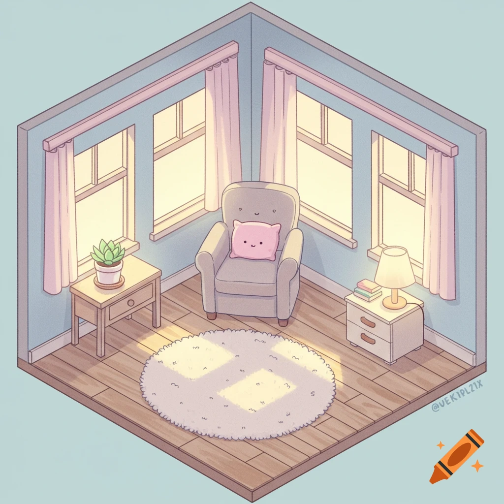 Isometric view of a cozy room with a chair, plant, lamp, and rug. on ...