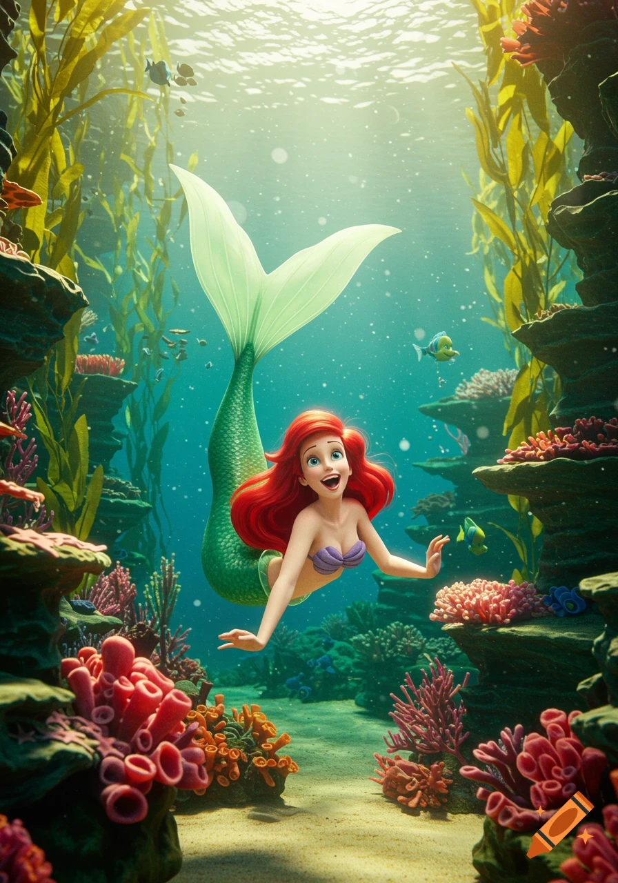 A cute cartoon mermaid with pink hair and a turquoise tail holds a ...