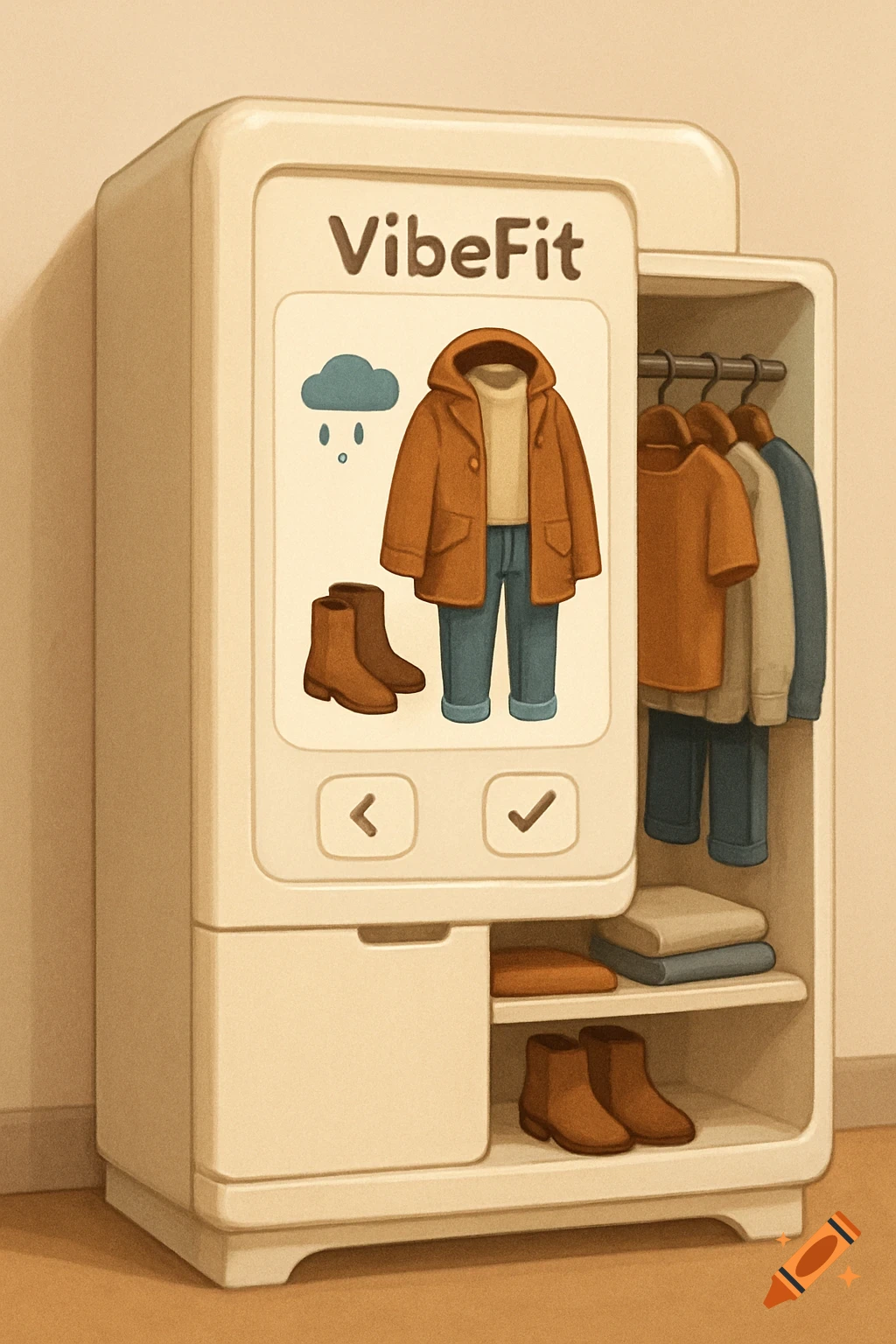 Digital painting of a smart wardrobe displaying a suggested outfit and ...