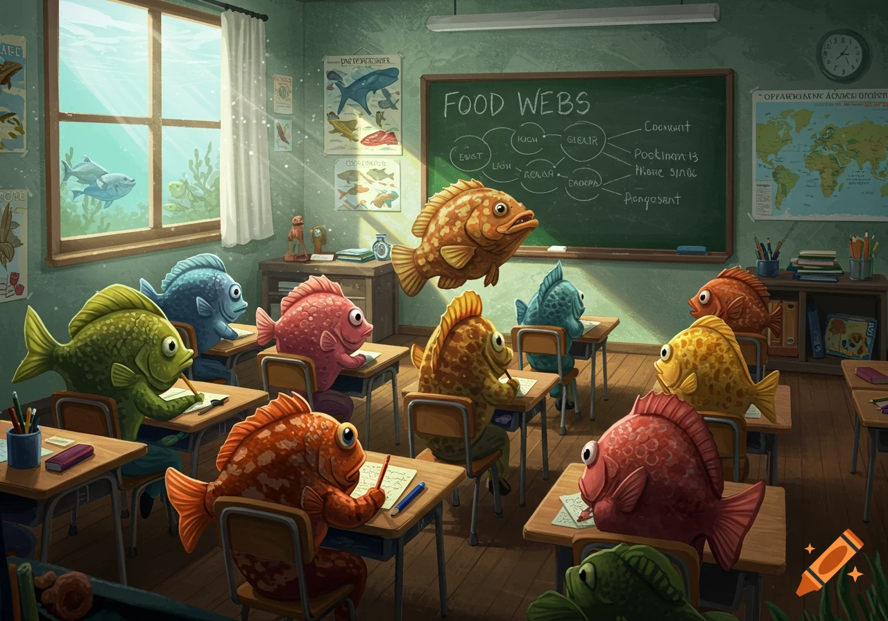 Cartoon fish sit at desks in a classroom looking at a chalkboard about ...