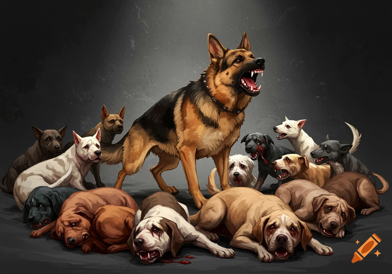 Illustration of an aggressive German Shepherd standing over a circle of ...