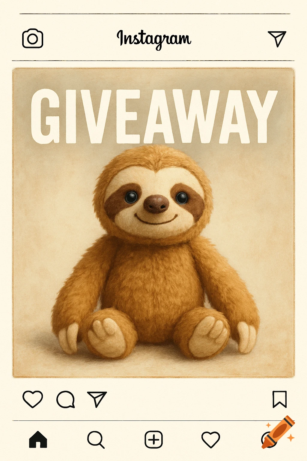 Illustration of a stuffed sloth toy in an Instagram giveaway post frame ...