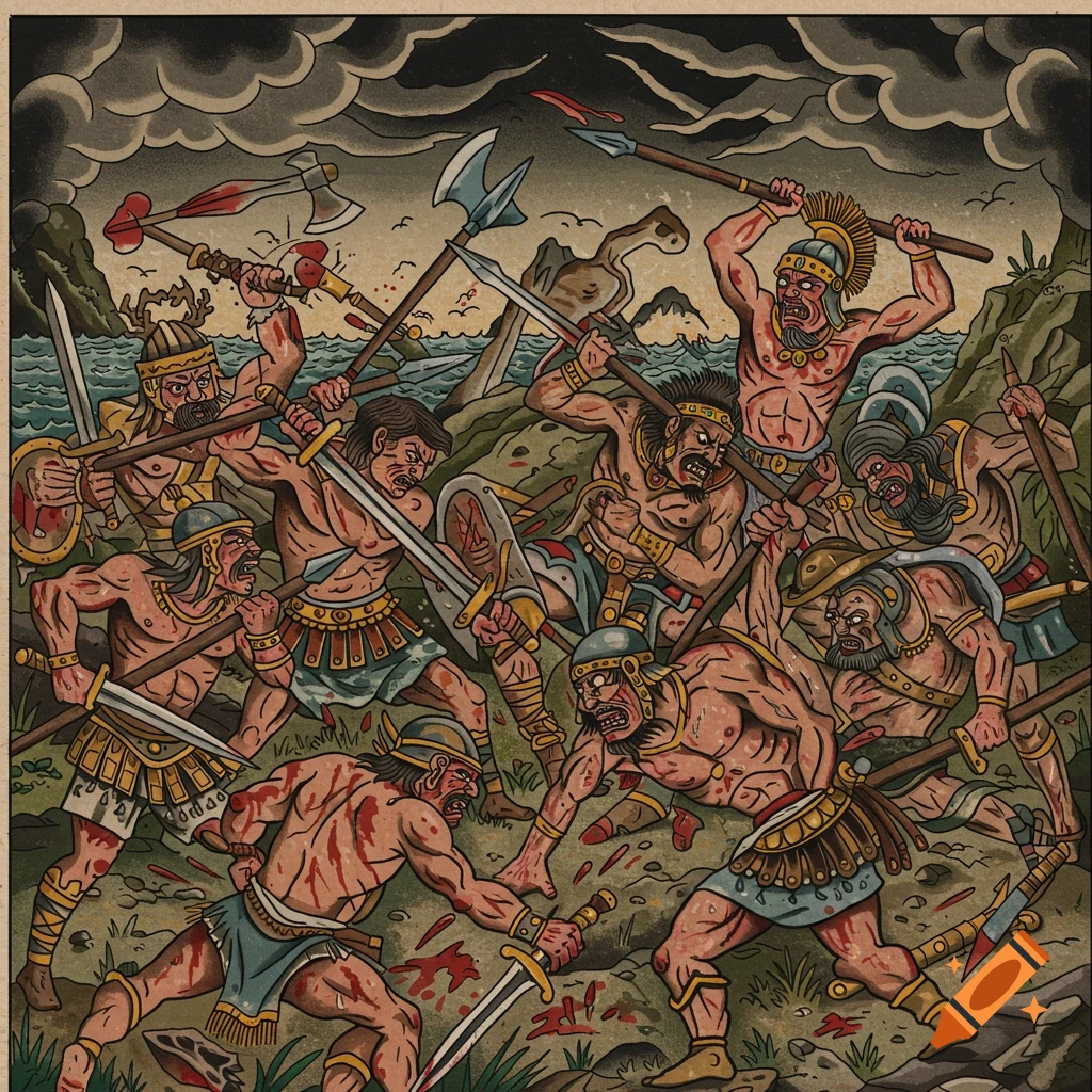 Traditional tattoo style illustration of warriors fighting in a battle ...