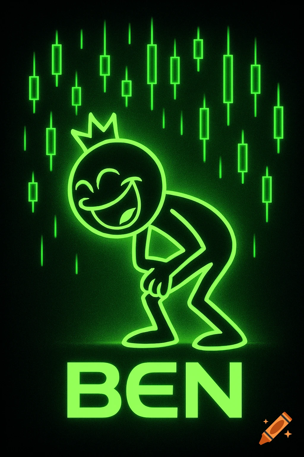 Cartoon stick figure laughing with crypto candles raining down on Craiyon