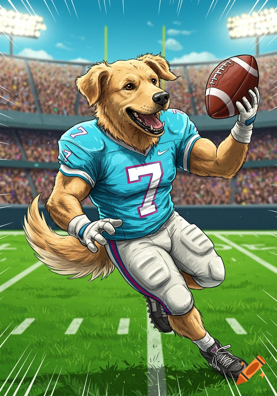 Cartoon of a golden retriever dog in a baseball uniform holding a bat ...