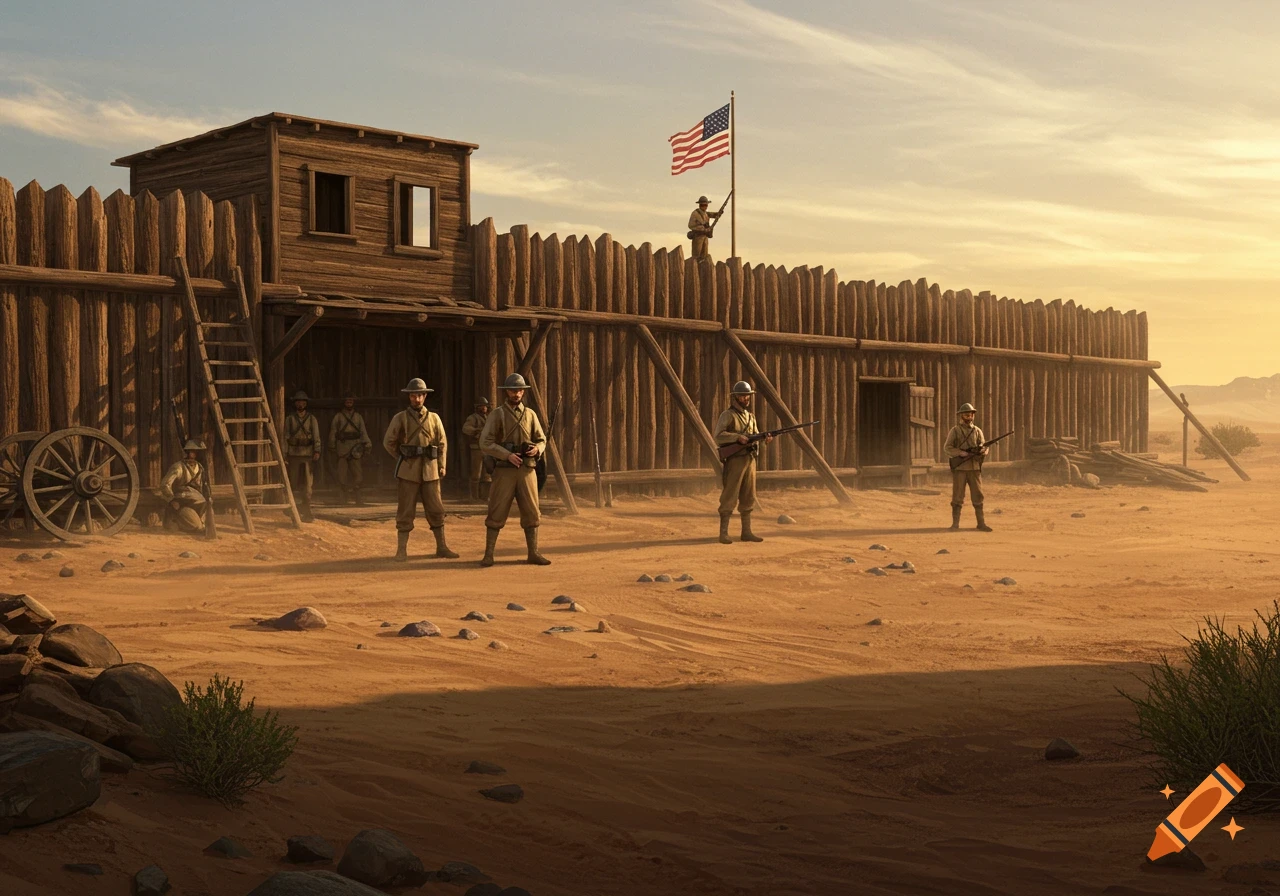 Soldiers in uniform stand outside a wooden fort flying the American ...