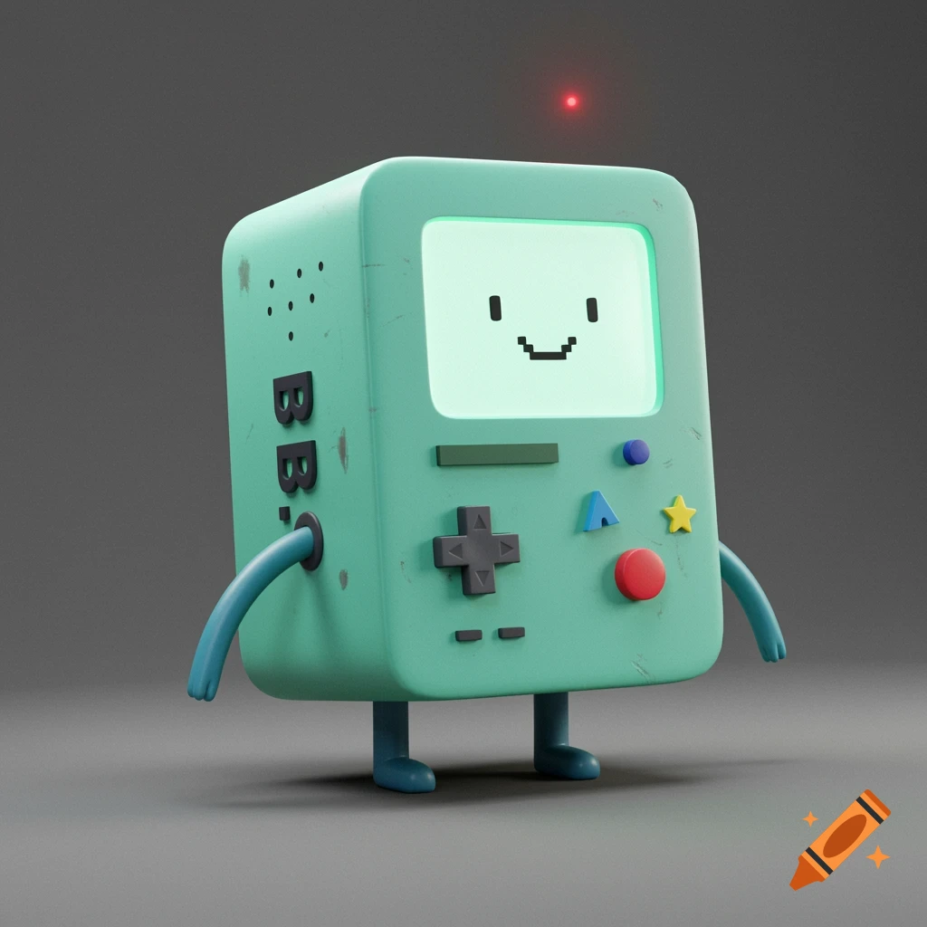 3D render of BMO from Adventure Time, a mint green square robot with a ...