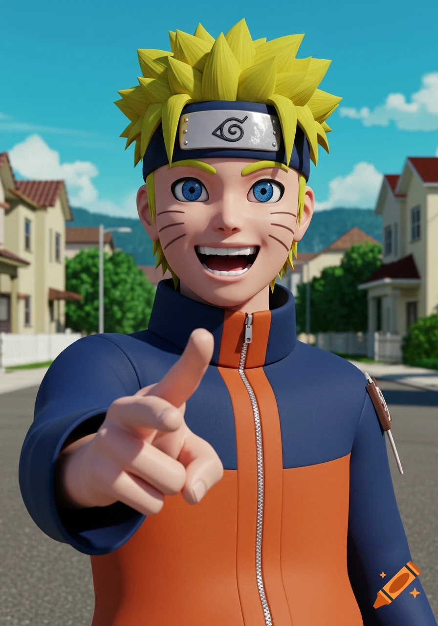 Hyper-realistic 3D render of Naruto Uzumaki smiling and pointing on Craiyon