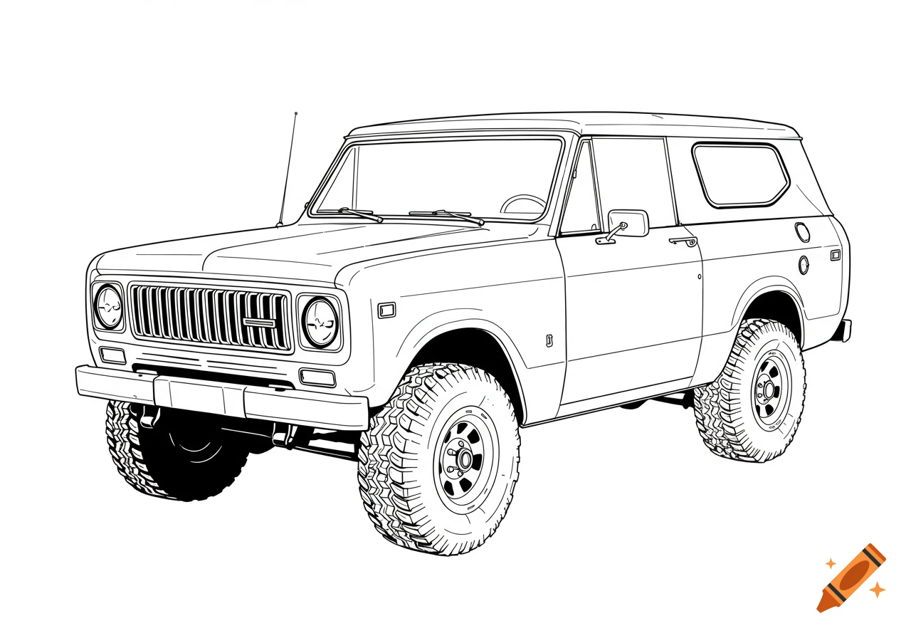 Line drawing of a vintage International Scout 80 4x4 with the top off ...