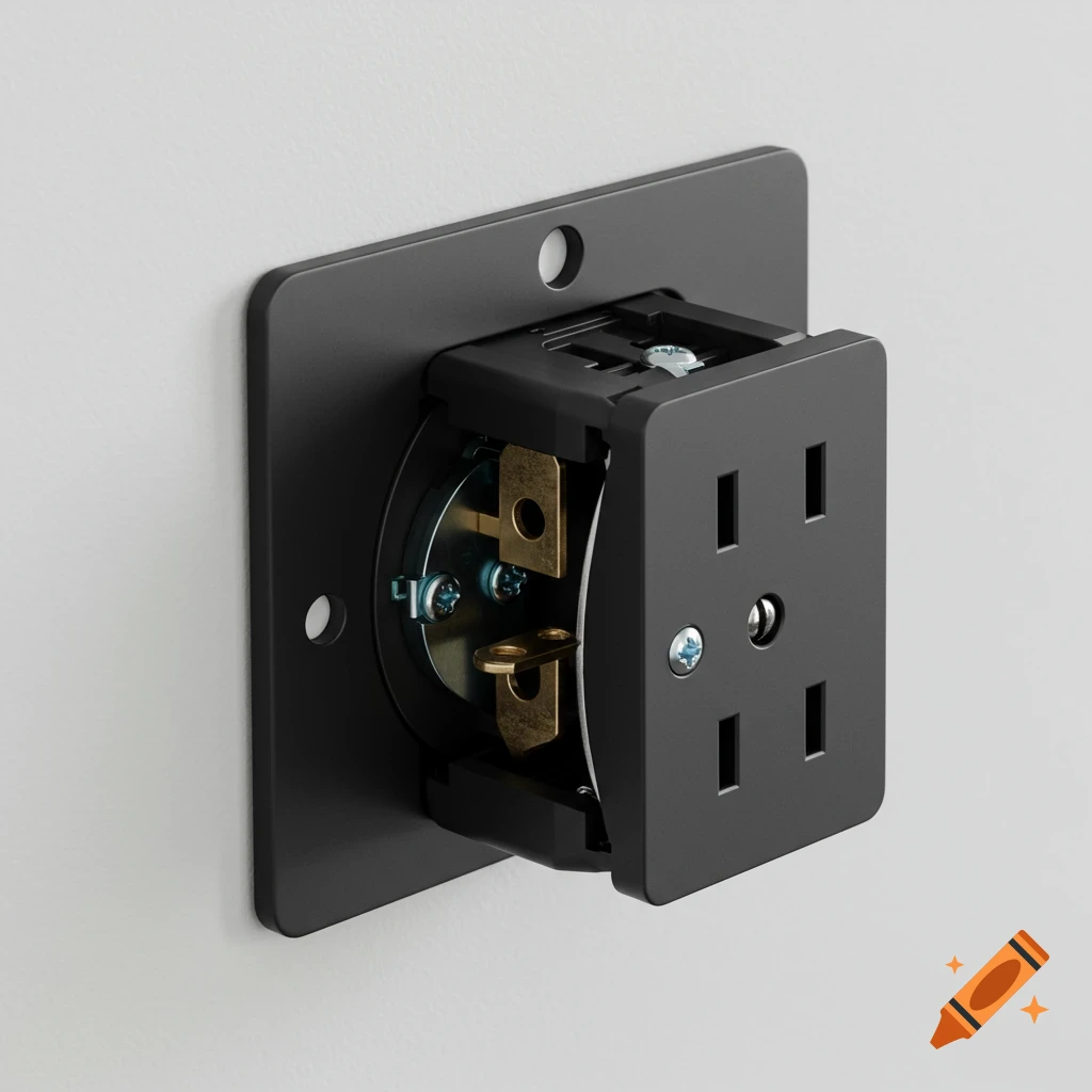 Close-up of a black pivoting electrical outlet on a wall plate. on Craiyon