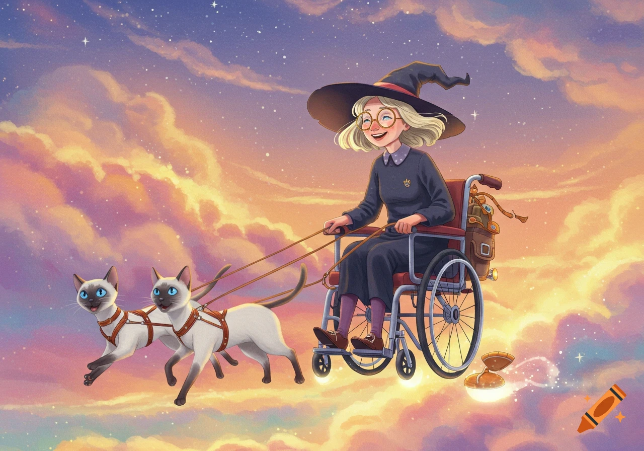 A blonde witch in a wheelchair is pulled through a cloudy sky by two ...