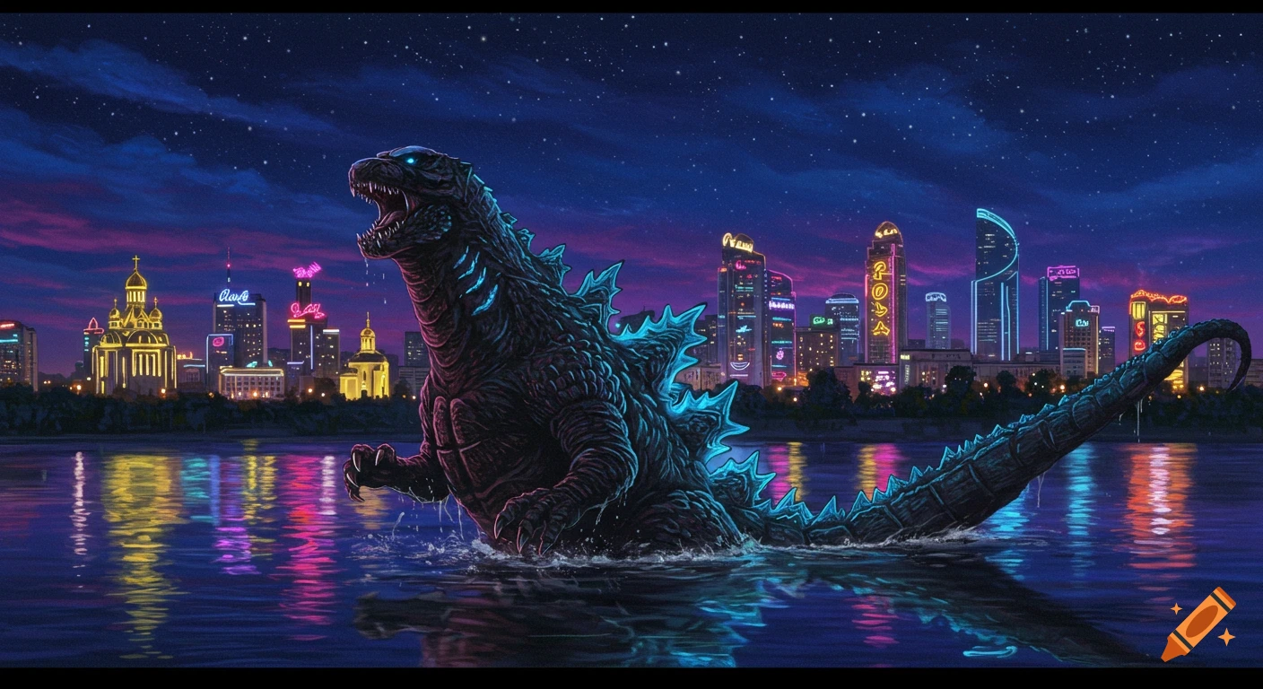 Digital painting of Godzilla rising from a river in front of a neon-lit ...