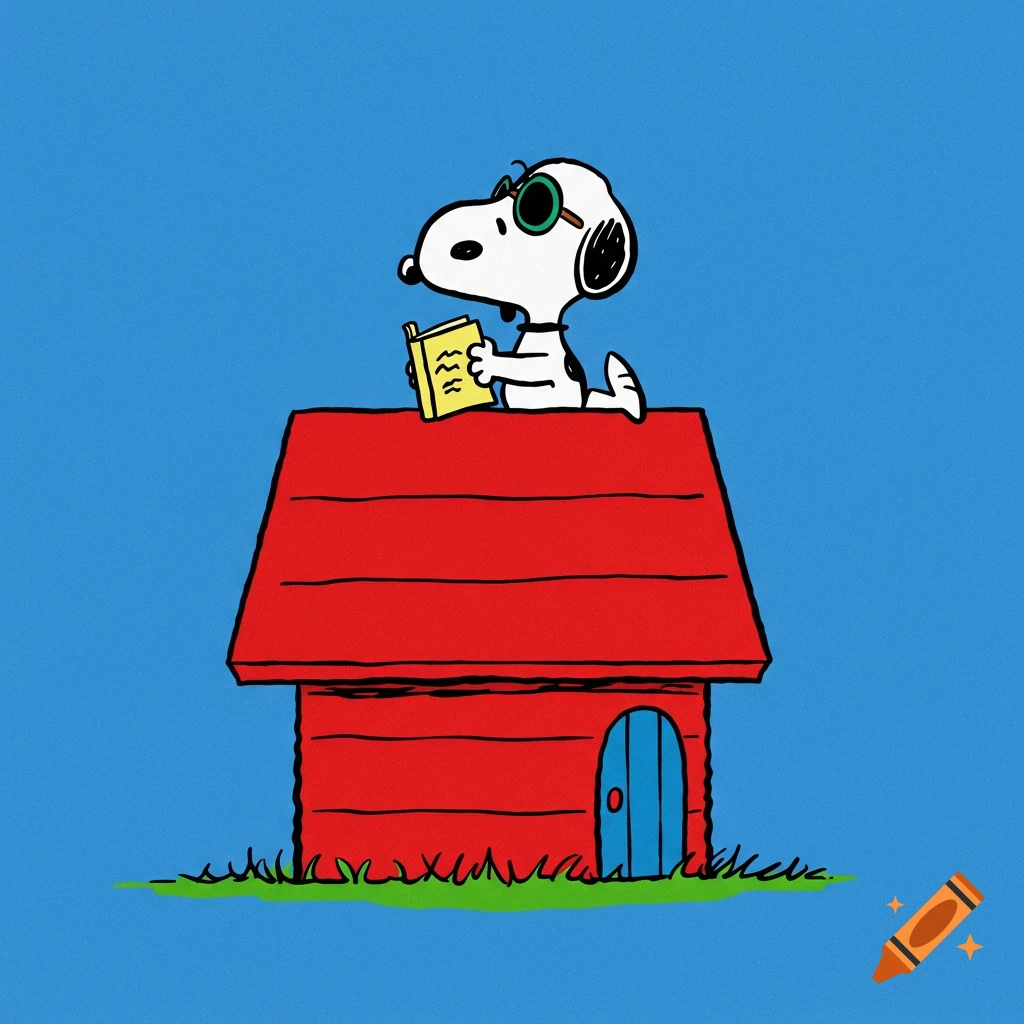 Snoopy, wearing sunglasses, sits atop his red doghouse reading a book ...
